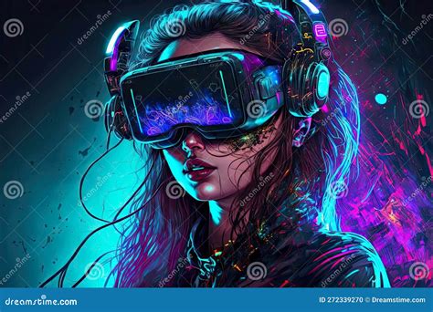 女子赛博朋克霓虹灯世界虚拟现实头戴设备 库存例证 插画 包括有 比赛 成人 生产 耳机 使用 272339270