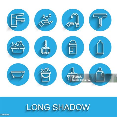 세트 라인 욕조 비눗물이 든 양동이 수도꼭지 샤워 헤드 세정제 병 손톱 가위 콘돔 및 발한 억제제 탈취제 롤 아이콘 벡터