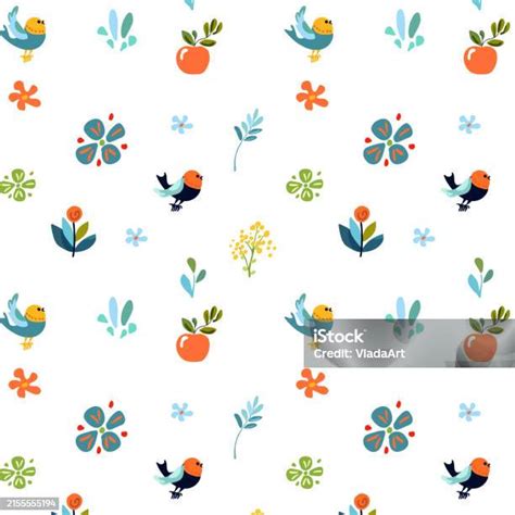 문구류 포장 벽지 및 직물을 위한 흰색 배경에 작고 단순한 새 꽃 빨간 사과의 원활한 패턴 귀여운에 대한 스톡 벡터 아트 및 기타 이미지 Istock