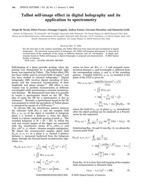 Pdf Talbot Self Image Effect In Digital Holography And Its Application To Spectrometry