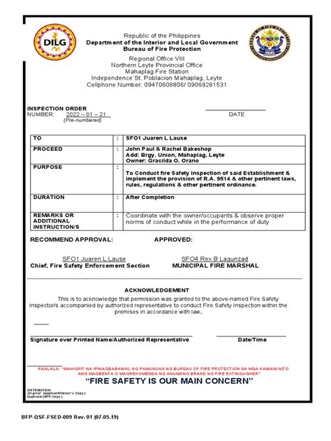 Inspection Order Bfp Pdf Fire Safety Safety