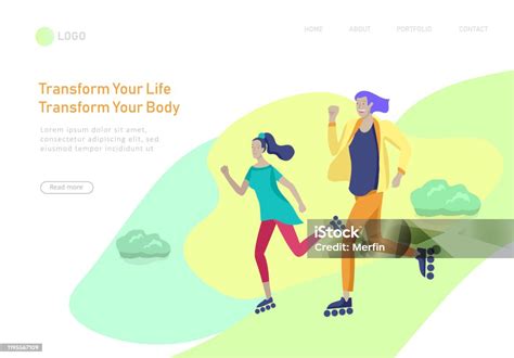 피플 그룹이 달리기 자전거 타기 테니스 운동 롤러 블레이드가있는 방문 페이지 템플릿 공원이나 자연에서 스포츠 야외 활동을 하는