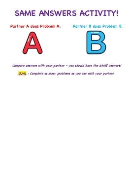 Same Answers Partner Activity Solving Linear Equations TPT