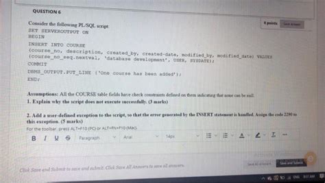 solved question 6 points consider the following pl sql