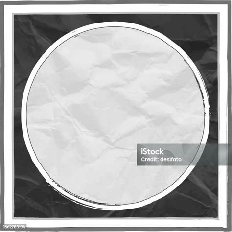 가로 비어 있고 거칠고 질감이 있고 구겨진 색종이 흑백 벡터 배경 테두리가 있는 단색 사각형 모양 윤곽선이 새겨진 원이 있습니다 3차원 형태에 대한 스톡 벡터 아트 및 기타
