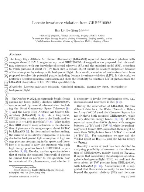 Lorentz Invariance Violation From Grb221009a A A B C Pdf