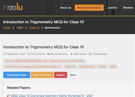 Introduction To Trigonometry Mcq For Class 10 Download Pdf