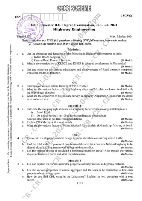 Vtu Exam Question Paper With Solution Of 18cv56 Highway Engineering Jan 2021 Divya Viswanathpdf