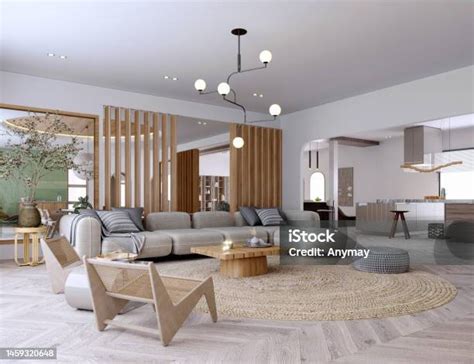 3d 렌더링 3d 그림 인테리어 장면 및 모형 회색과 흰색의 나무로 장식된 현대적인 스타일의 거실 가구에 대한 스톡 사진 및 기타 이미지 Istock