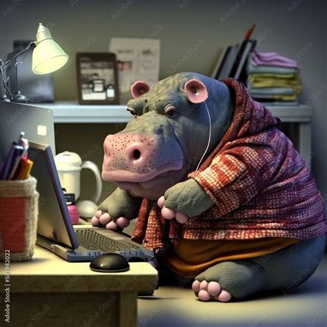 Hippo With Computer Hippo Cartoon Hippo Cartoon