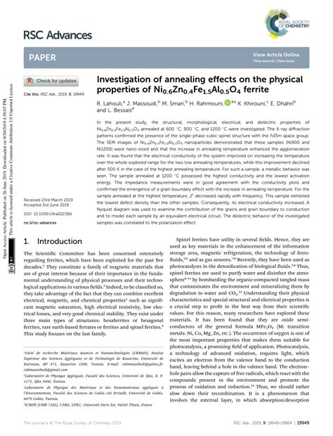 Pdf Investigation Of Annealing Effects On The Physical Properties Of Ni0 6zn0 4fe1 5al0 5o4