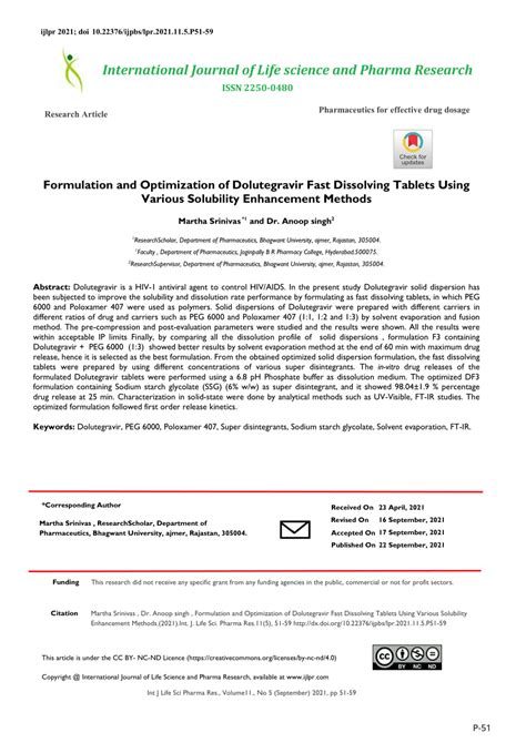 Pdf Formulation And Optimization Of Dolutegravir Fast Dissolving Tablets Using Various