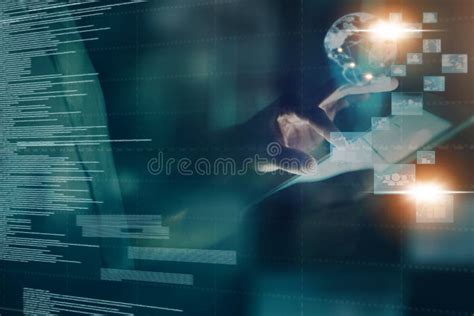 Man Hands Or Cloud Computing Tablet In Night Office With Networking Software Programming Code
