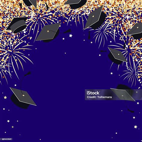 졸업식 현수막에는 졸업 모자와 금색 색종이 조각이 있습니다 졸업생 파티 또는 기타 졸업 축하 디자인을 위한 초대장 벡터 일러스트 레이 션 2025년에 대한 스톡 벡터 아트