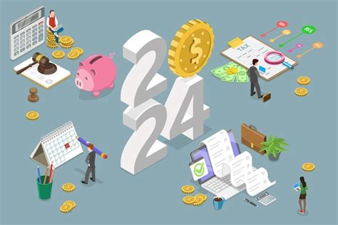 2024년 새해 및 세금 계산 자문 서비스에 대한 3d 등각 투영 평면 벡터 개념적 그림 프리미엄 벡터