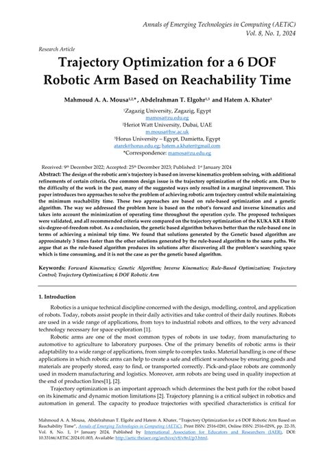 Pdf Trajectory Optimization For A 6 Dof Robotic Arm Based On Reachability Time