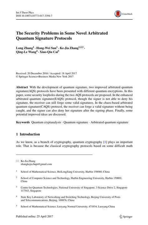 Pdf The Security Problems In Some Novel Arbitrated Quantum Signature Protocols