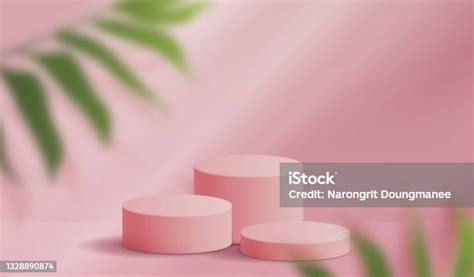 화장품 라이트 핑크 배경 최소화 및 제품 프리젠 테이션 브랜딩 및 포장 프리젠 테이션을위한 프리미엄 포디움 디스플레이 잎 배경의 그림자 스튜디오 무대 3d 일러스트 디자인