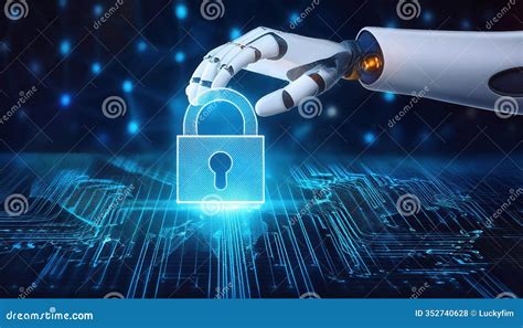 Robot Hand Interacts With A Digital Lock Symbolizing Cybersecurity And