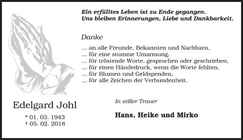 Traueranzeigen Von Edelgard Johl Trauer In Nrwde