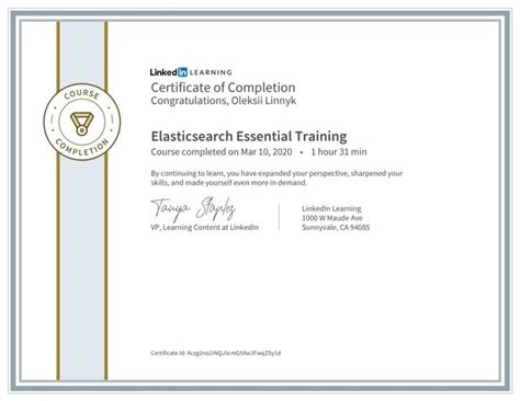 Certificate Ofcompletion Elasticsearch Essential Training Ppt