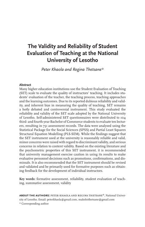 PDF The Validity And Reliability Of Babe Evaluation Of Teaching At The National University