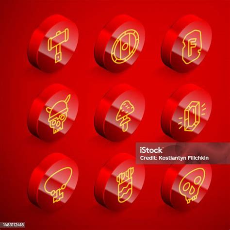 세트 라인 배틀 해머 방패 바이킹 마법 룬 헬멧이 달린 해골 버섯 보석 목걸이 보석 및 화살통 화살표 아이콘 벡터 3차원 형태에 대한 스톡 벡터 아트 및 기타 이미지