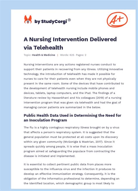 A Nursing Intervention Delivered Via Telehealth Free Essay Example