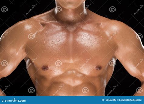 Cropped Shot Of Shirtless Muscular Man Posing Stock Image Image Of Studio Isolated