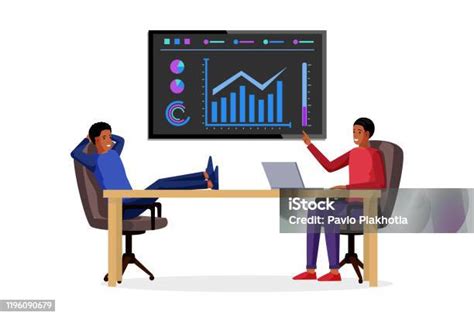 프리젠 테이션 그림을 만드는 아프리카 계 미국인 사업가 차트 다이어그램 인포그래픽 통계 정보가 있는 비즈니스 보고서 비즈니스 분석 및 전략 개념 계획에 대한 스톡 벡터 아트