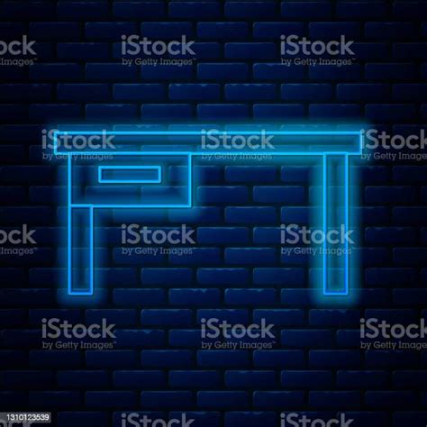 벽돌 벽 배경에 고립 된 빛나는 네온 라인 사무실 책상 아이콘 벡터 가구에 대한 스톡 벡터 아트 및 기타 이미지 가구 가정의 방 개념 Istock
