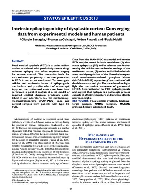 Pdf Intrinsic Epileptogenicity Of Dysplastic Cortex Converging Data