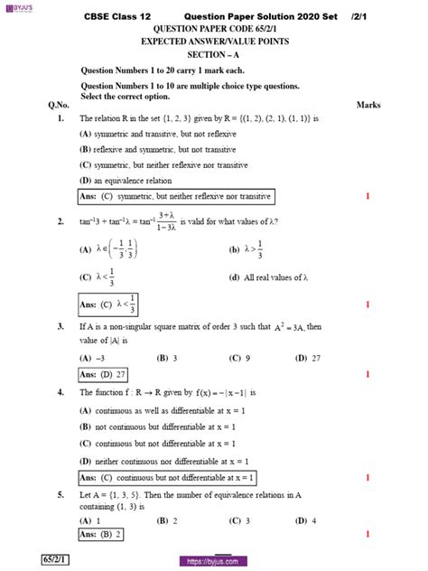 cbse class 12 maths question paper solution 2020 set 65 2 1 2 pdf