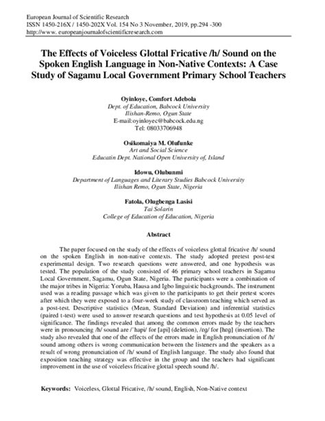 Pdf The Effects Of Voiceless Glottal Fricative H Sound On The Spoken English Language In Non