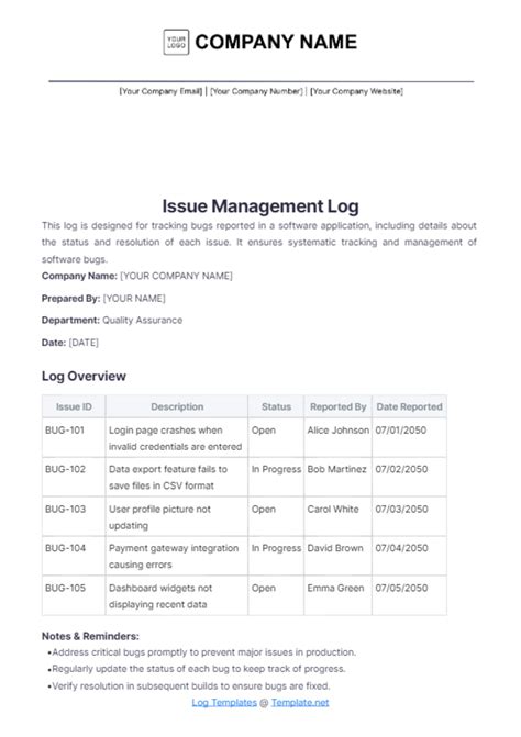 Free Issue Management Log Template To Edit Online
