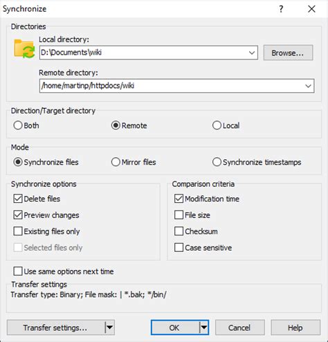 synchronize dialog winscp