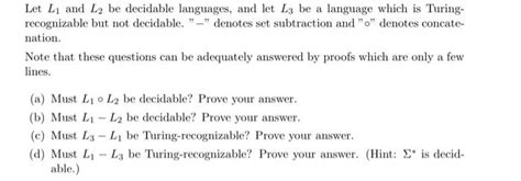 solved let l1 and l2 be decidable languages and let l3 be a