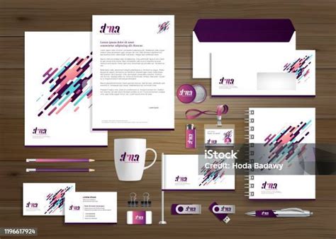 기업 비즈니스 정체성 템플릿 디자인 벡터 추상 문구 선물 항목 색상 홍보 기념품 요소 링크 디지털 기술 세트 가방에 대한 스톡