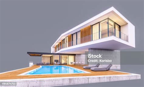 회색에 고립 된 저녁에 수영장과 언덕에 현대 집의 3d 렌더링 0명에 대한 스톡 사진 및 기타 이미지 0명 강철 개념 Istock