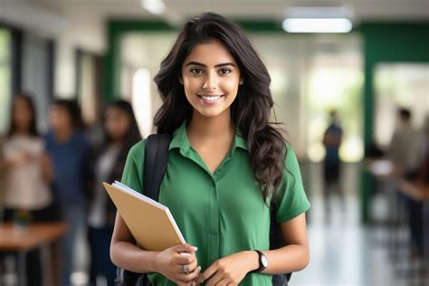 Premium Photo Young Indian College Girl Holding Backpack And Books