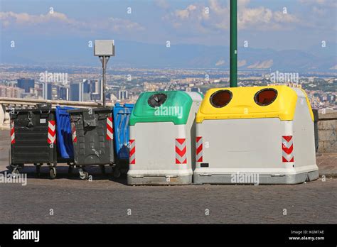 Sorting Containers And Recycling Trash Garbage Bins In Naples Stock