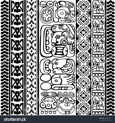ชุดเวกเตอร์ของมายันและแอซเท็กร่ายมนตร์ที่มีตัวอักษรโบราณและเครื่องประดับบนสีขาว เวกเตอร์สต็อก