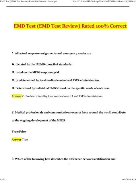 Emd Test Emd Test Review 2024 Questions With 100 Verified Solutions Latest Updated And Emd Test Emd Test Review 2024 Questions With 100 Verified Solutions Latest Updated And
