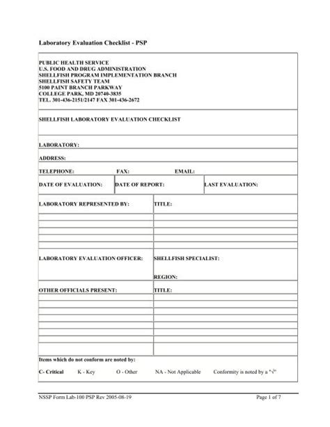 Nssp Laboratory Evaluation Checklist Psp