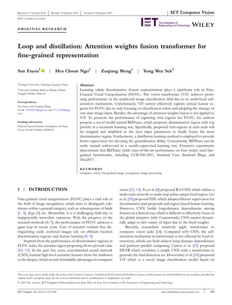 Pdf Loop And Distillation Attention Weights Fusion Transformer For Fine‐grained Representation