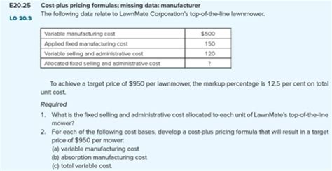 Solved Cost Plus Pricing Formulas Missing Data