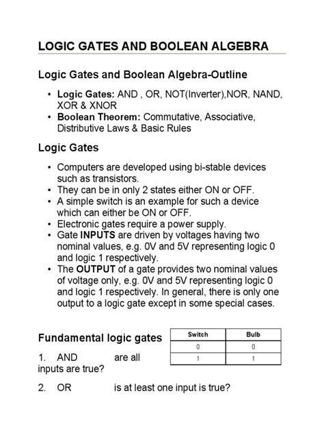 Logic Gates And Boolean Algebra Outline Pdf Logic Gate Teaching