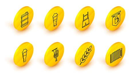 세트 라인 악기 아코디언 쌀 밀 옥수수 귀리 호밀 보리 트럼펫 맥주 한 잔 거리 간판 유리 Lederhosen 및 금속 통 아이콘으로 설정된 시리얼 벡터 3차원 형태에 대한