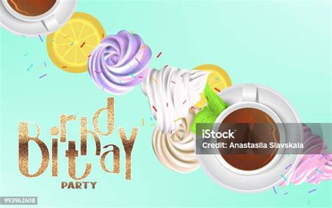 크림 케이크와 레몬 조각 녹차의 컵 생일 파티 배경 벡터 일러스트 레이 션 0명에 대한 스톡 벡터 아트 및 기타 이미지 0명