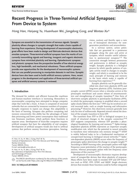 pdf recent progress in three‐terminal artificial synapses from